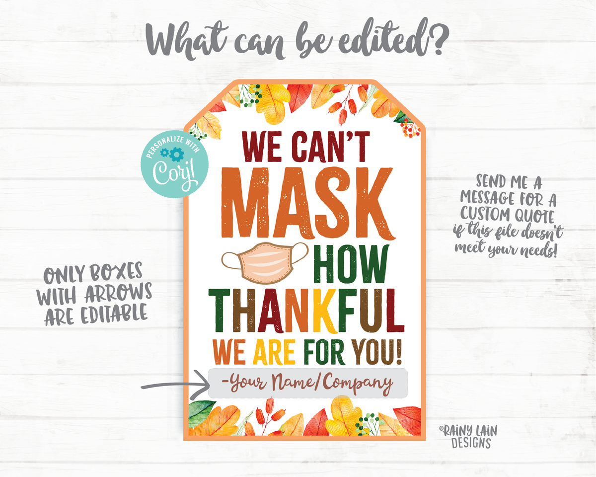 Can't Mask Thankful Face Mask Gift Tag Thanksgiving Tags Employee Appr ...