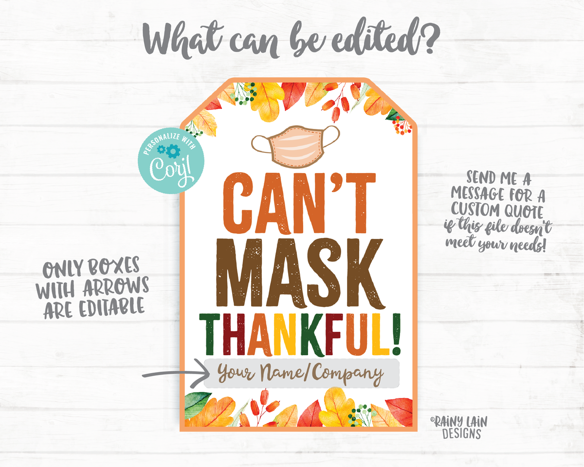 Can't Mask Thankful Face Mask Gift Tag Employee Appreciation Tag Compa ...