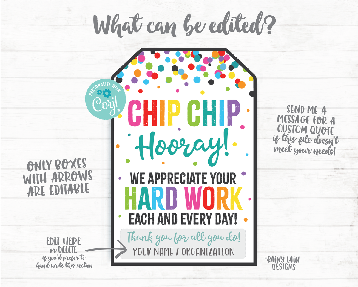 Chip Chip Hooray Tag We appreciate your Hard Work Gift Tag Chips Choco ...