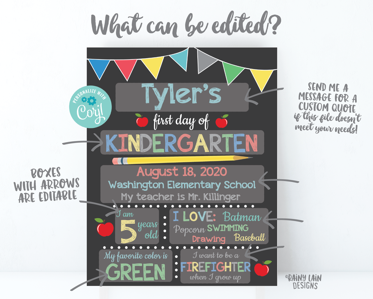 First Day of Kindergarten Chalkboard, 1st day of kindergarten sign, Ba ...