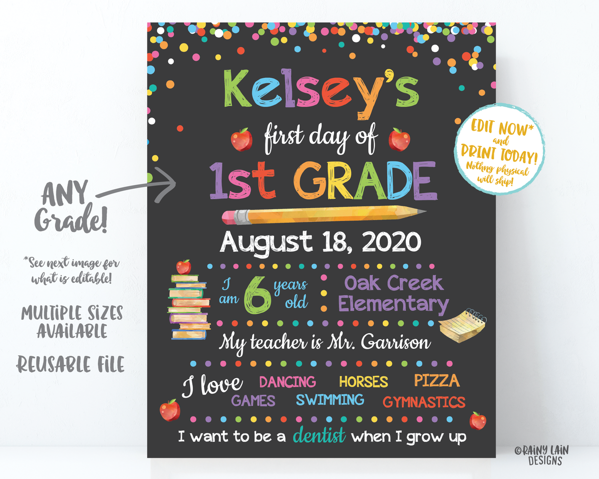 Printable first day of school chalkboard Editable 1st day of school ph ...