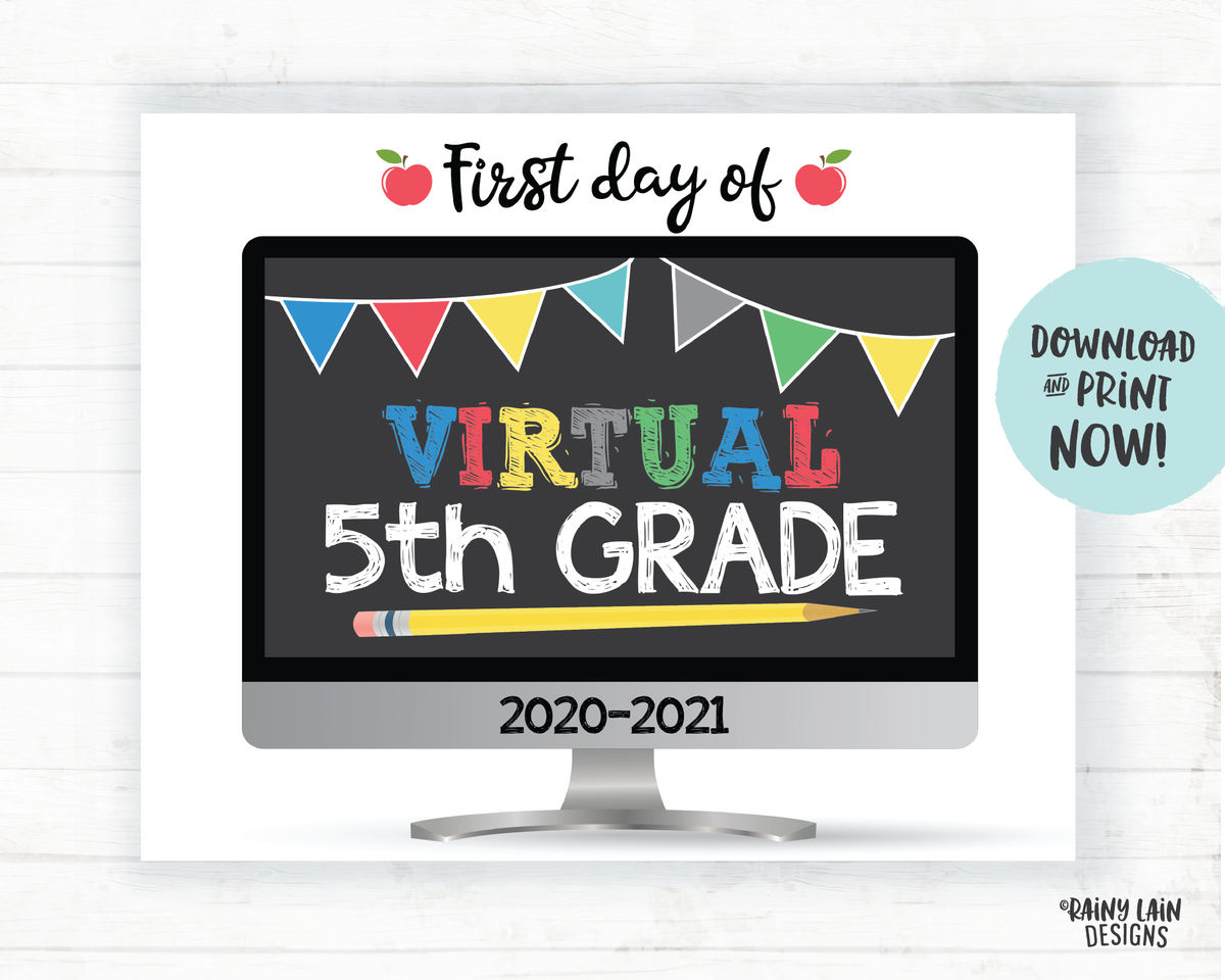 First Day of Virtual 5th Grade Sign, First Day of Distance Learning Si ...