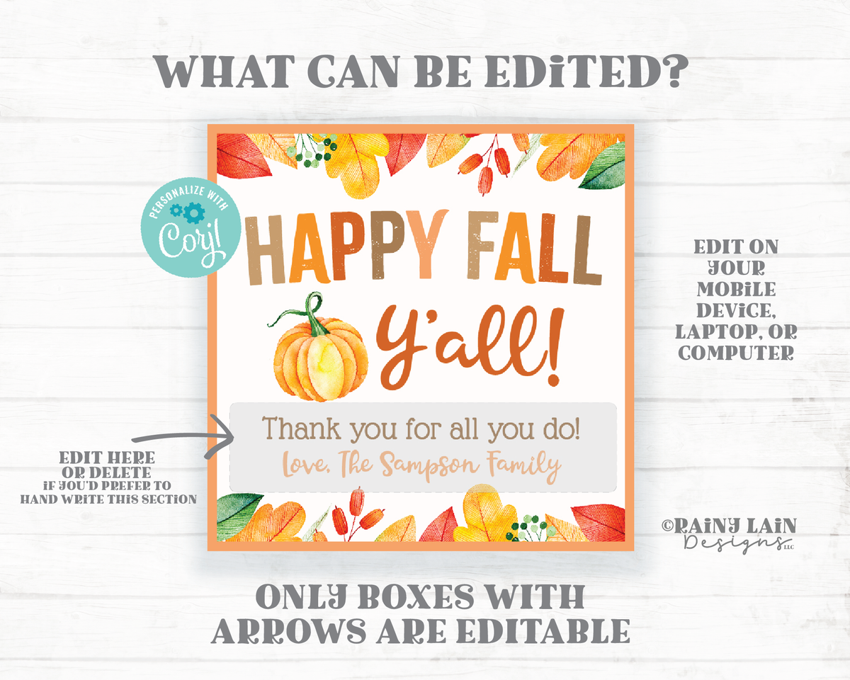 Happy Fall Ya'll Tag Printable Appreciation Gift Tag, Employee Co-Work ...