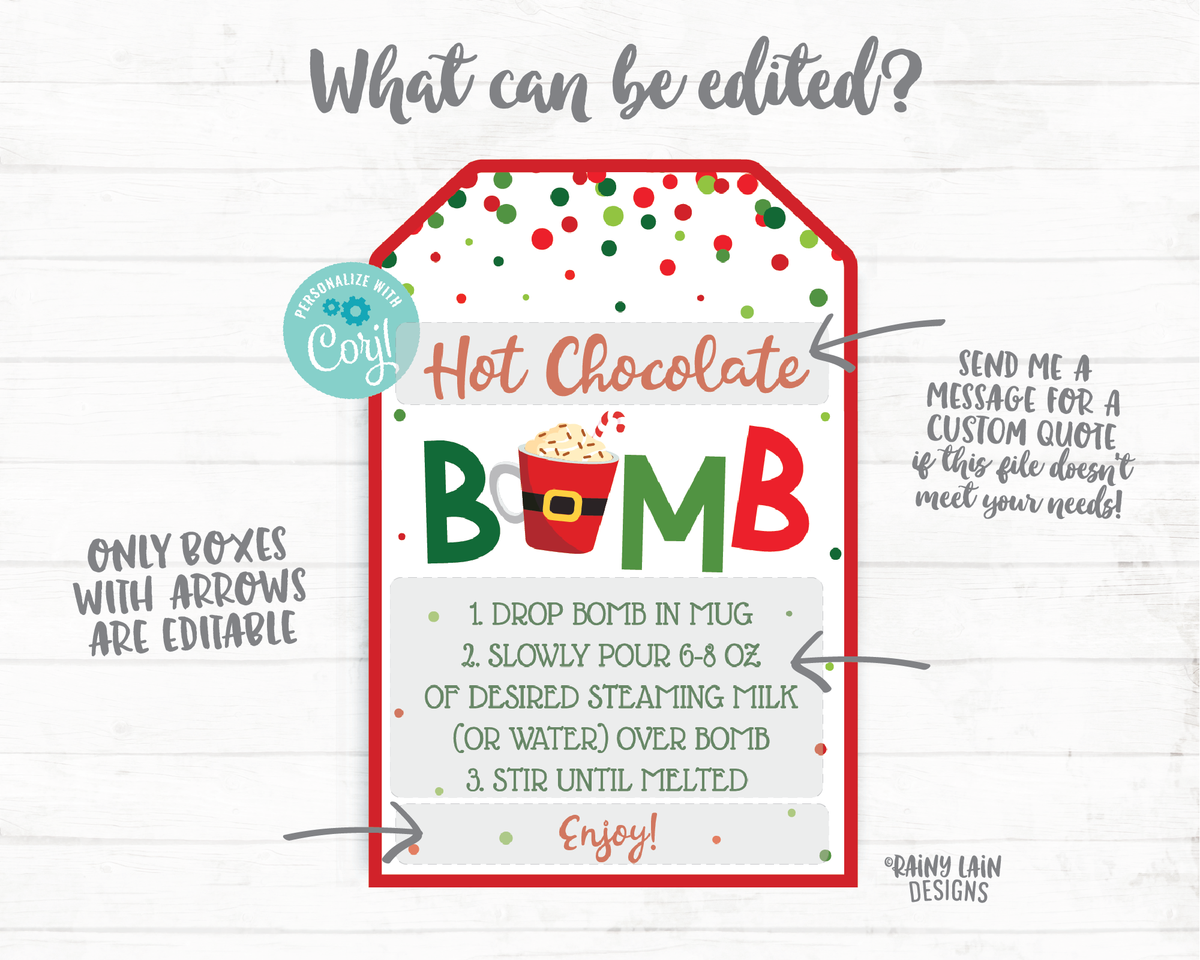 Christmas Hot Cocoa Bomb Tag, Editable Cocoa Bomb Tags, Peppermint Hot ...
