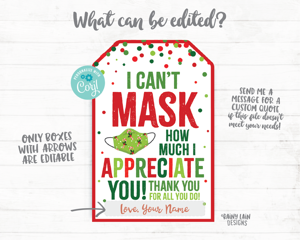Can't Mask How Much We Appreciate You Face Mask Gift Tag Christmas Tag ...