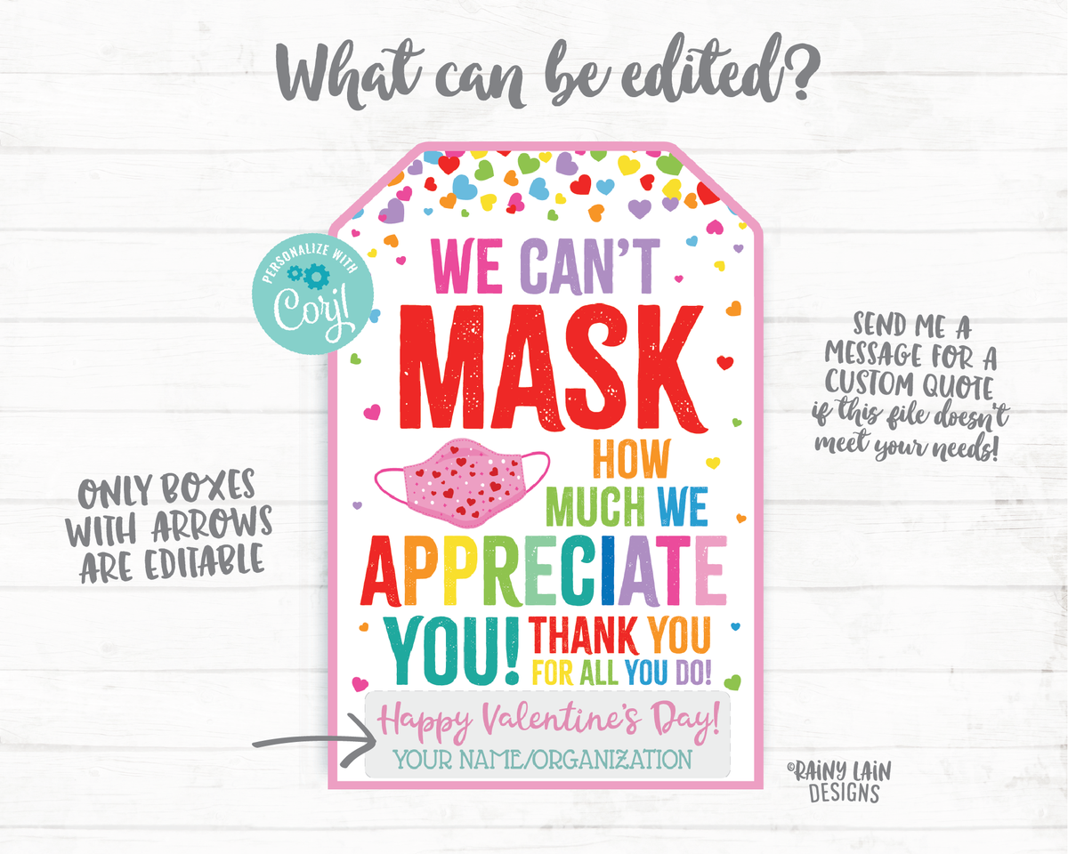 Can't Mask How Much We Appreciate You Face Mask Gift Tag Valentine's D ...