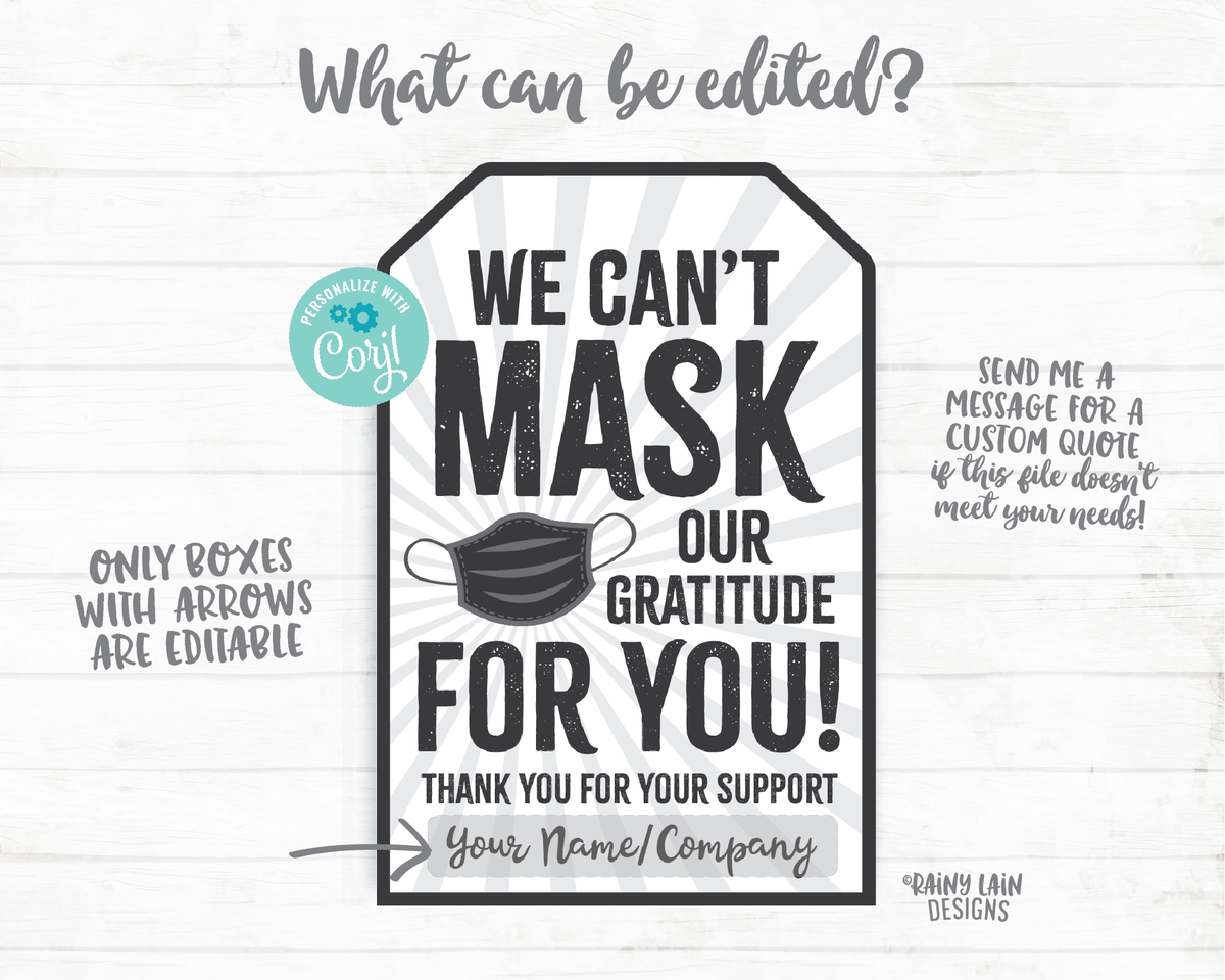 Can't Mask our Gratitude Tag Face Mask Gift Teacher Mask Tag Employee ...