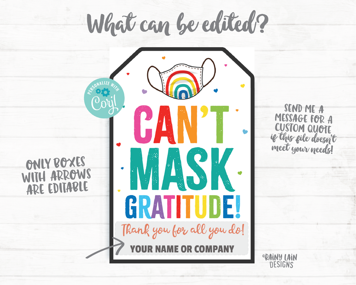 Can't Mask Gratitude Face Mask Gift Tag Mask Tag Employee Appreciation ...