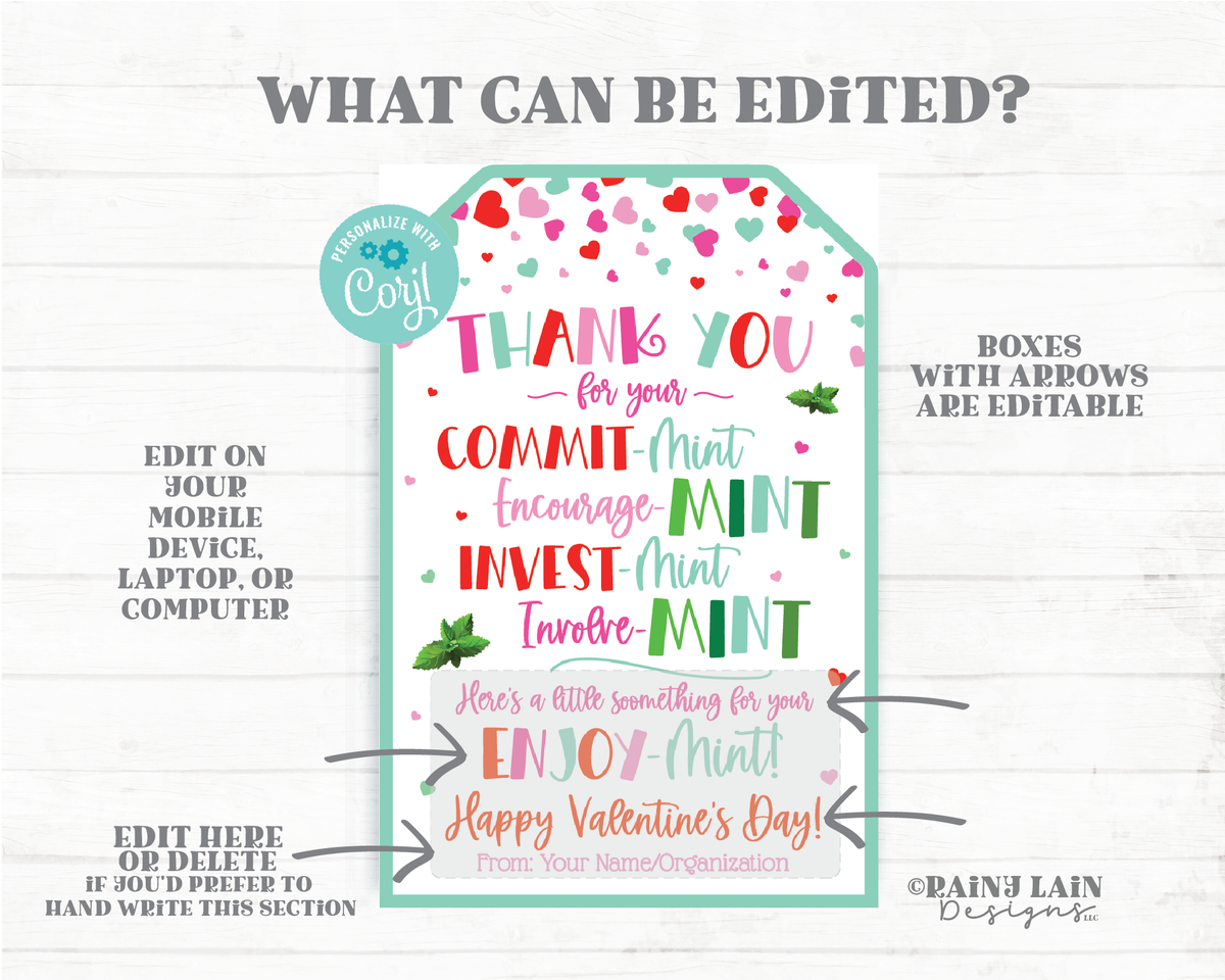 Mint Valentine Gift Tag Valentine's Day Mint Thank you Editable Employ ...