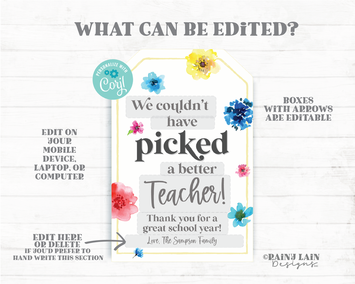 Couldn't Have Picked a Better Teacher End of School Year Gift Tags Flo ...