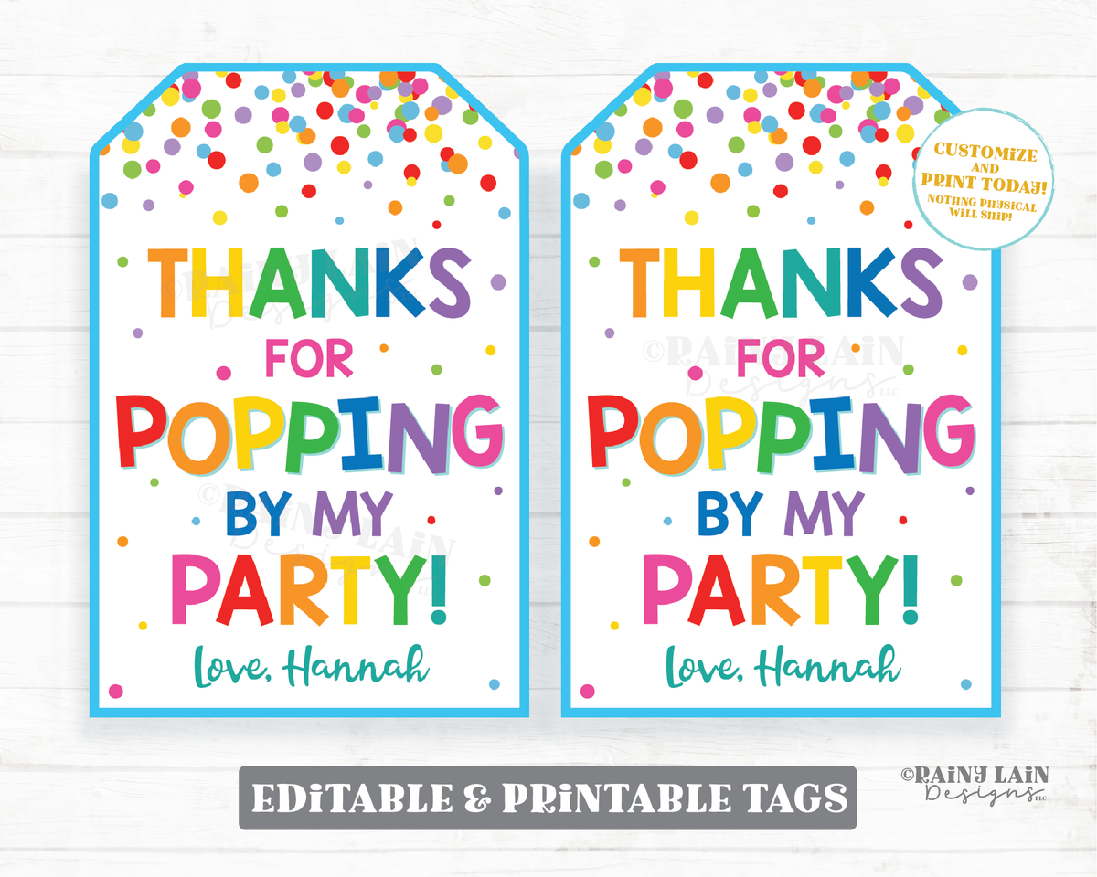 Thanks for Popping by my Party tag Birthday favor tag pop party favor ...