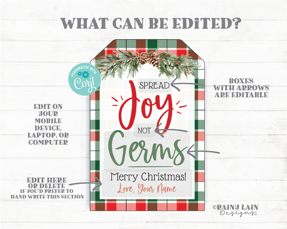 Hand Sanitizer Christmas Gift Tag Spread Joy Not Germs Holiday Tags Em ...