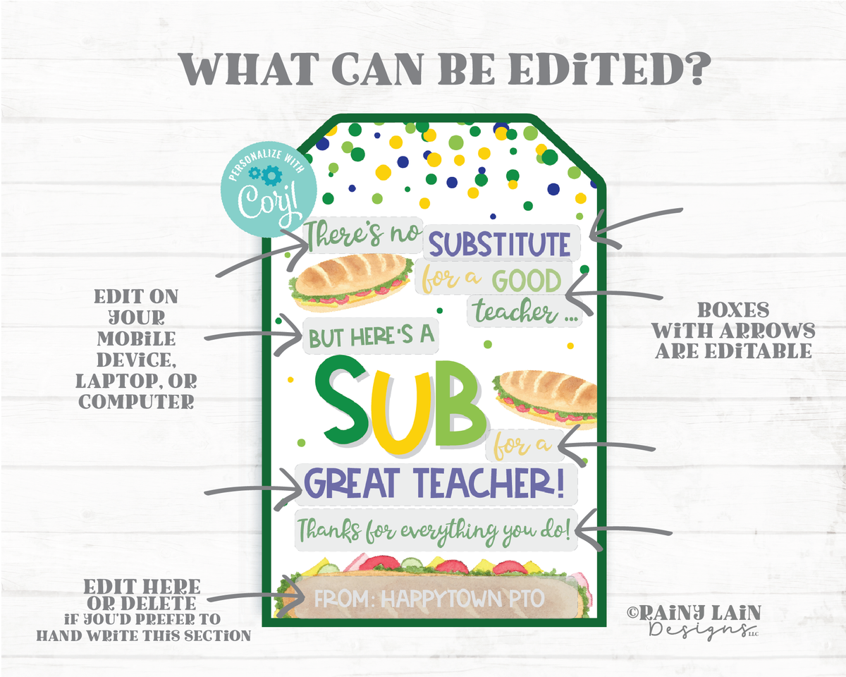 Sub Sandwich Gift Tag No Substitute Sub for a Great Teacher Employee A ...