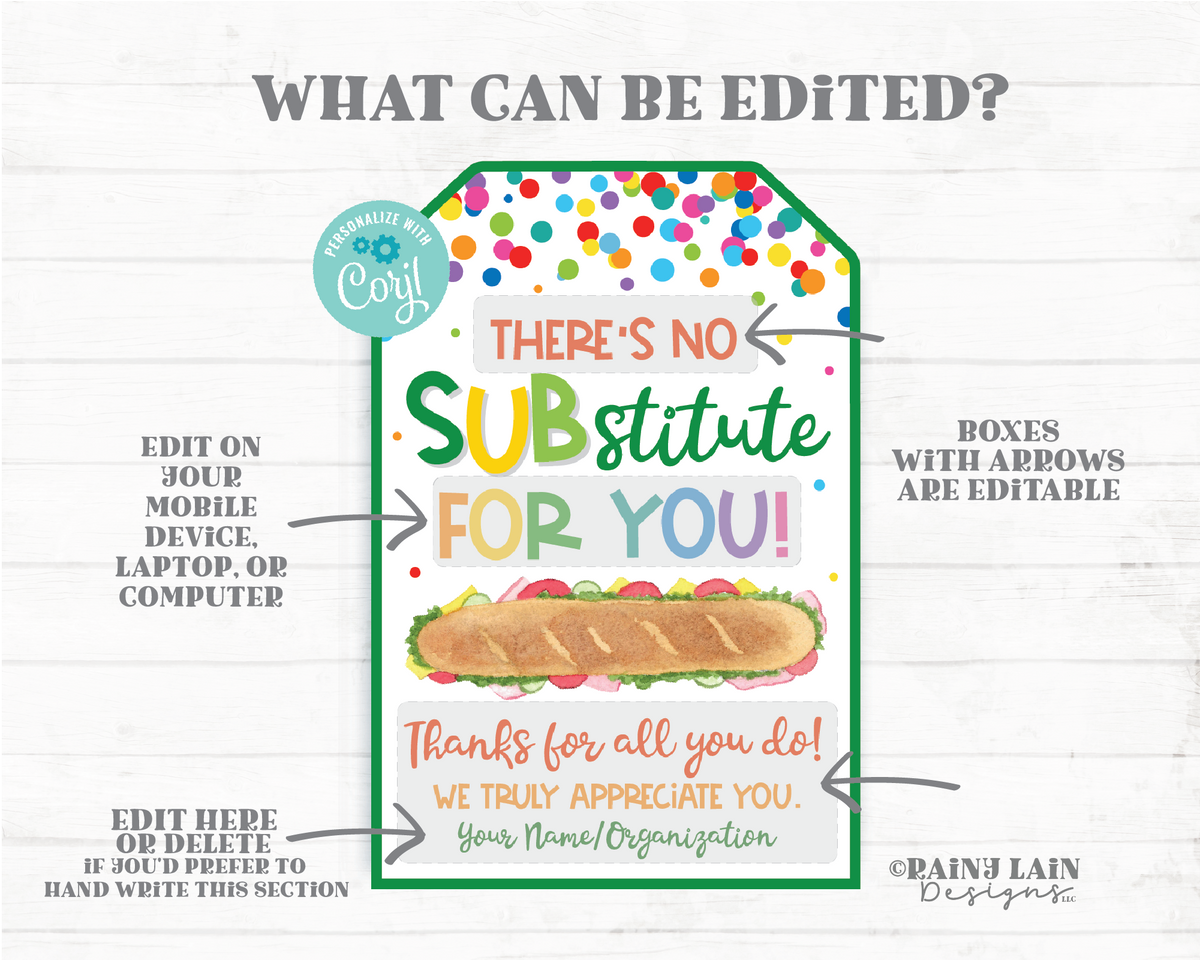 There's No Substitute for you Sub Sandwich Gift Tag Thank You Apprecia ...