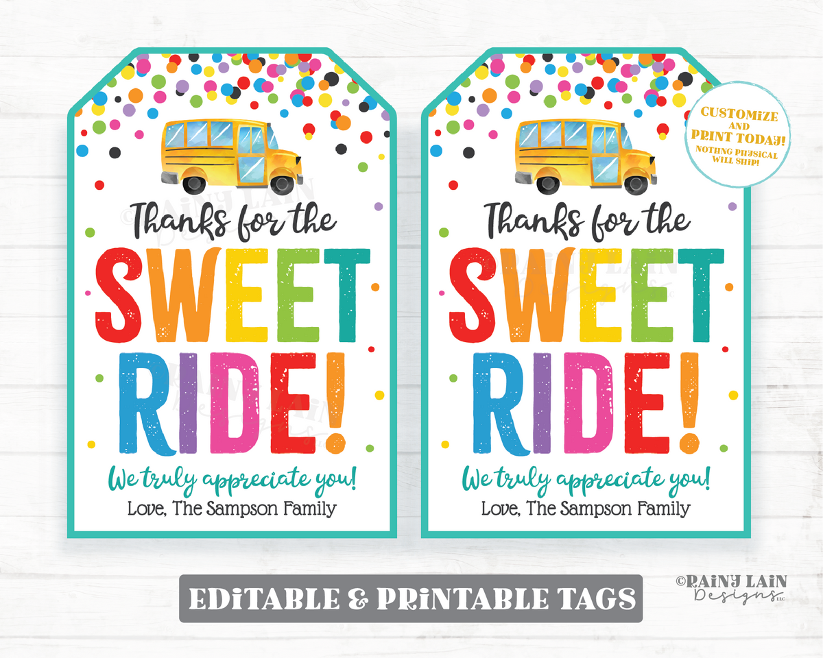 Bus Driver Gift Tag Thanks for the Sweet Ride National School Bus Driv ...