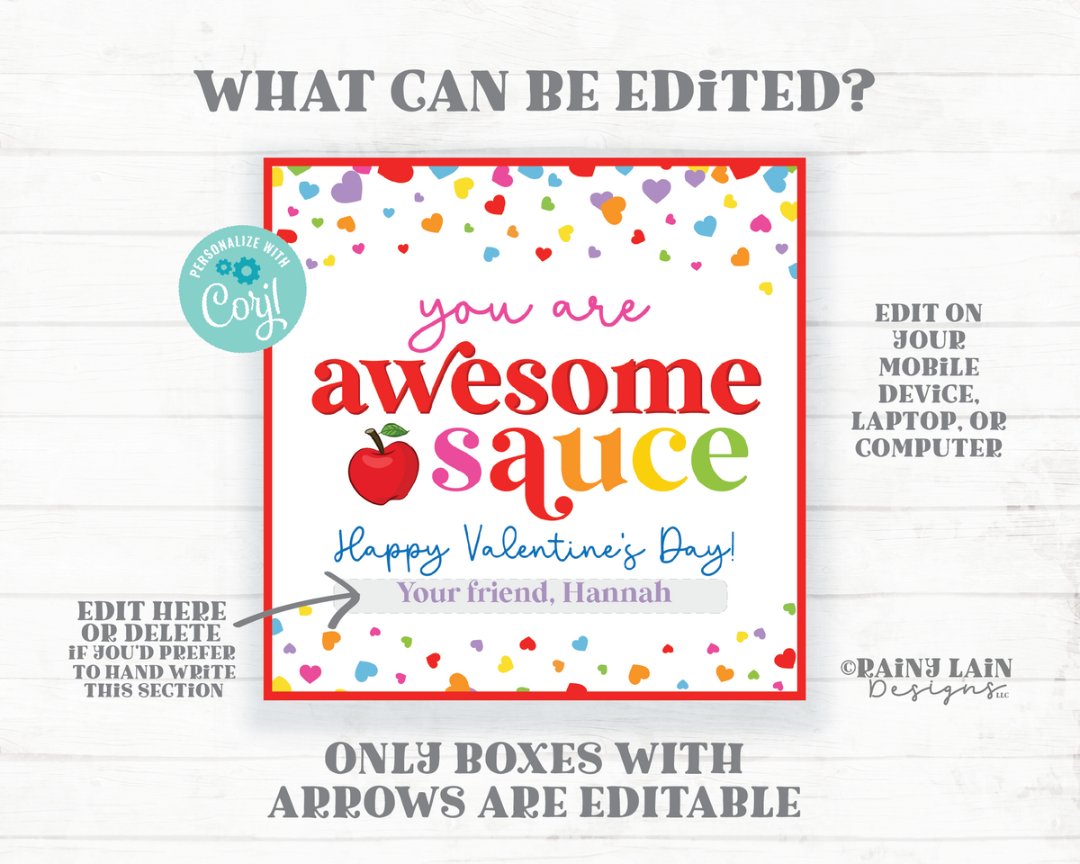 Applesauce Valentine Tag Awesome Sauce Valentine's Day Gift Tag Apple ...