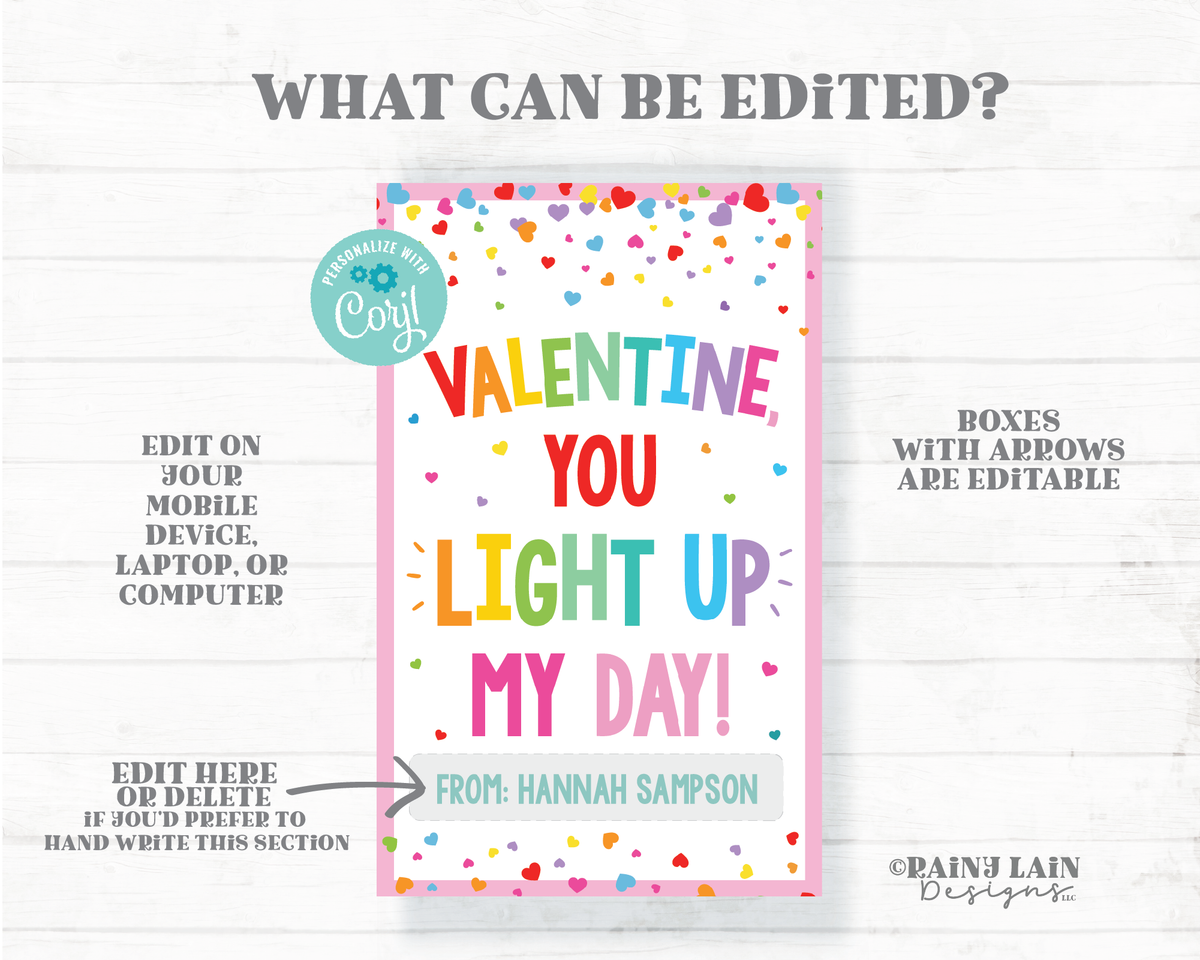 Valentine You Light Up My Day Glow Stick Tag Valentine's Day Favor Tag ...