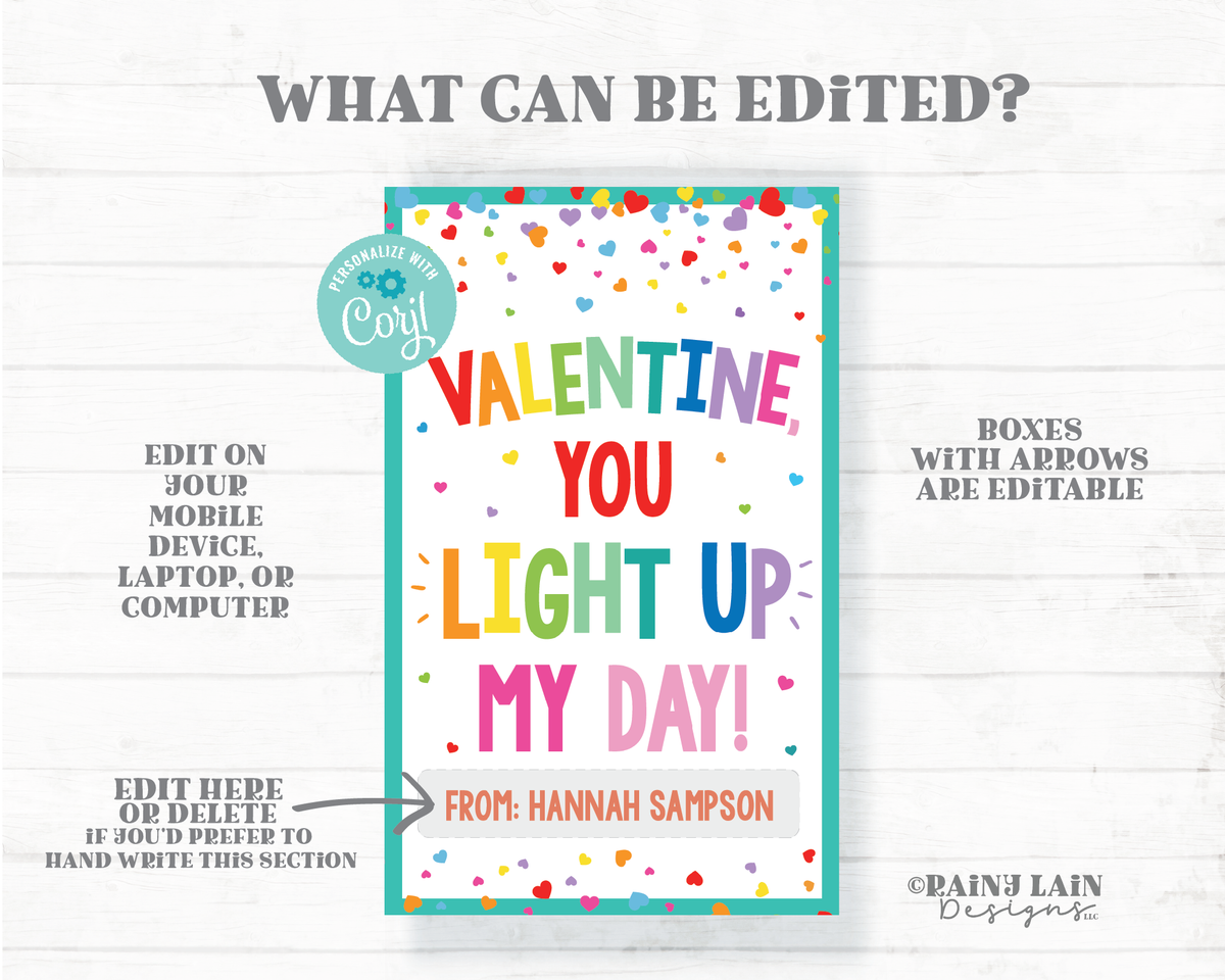 You Light Up My Day Valentine Tag Valentine's Day Glow Stick Tag Favor ...