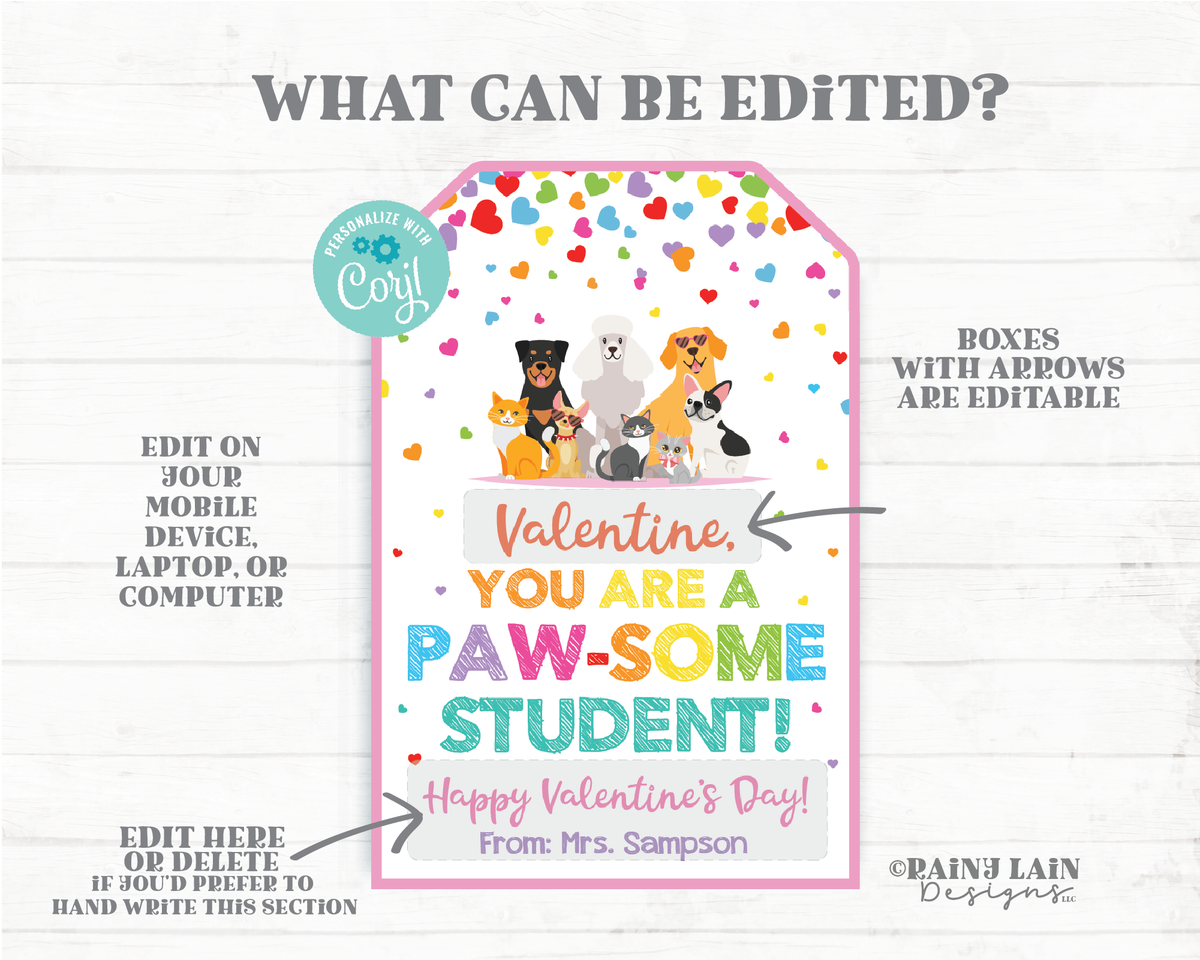 Pawsome Student Valentine Paw-some Valentine's Day Tag Cats Kitten Pup ...