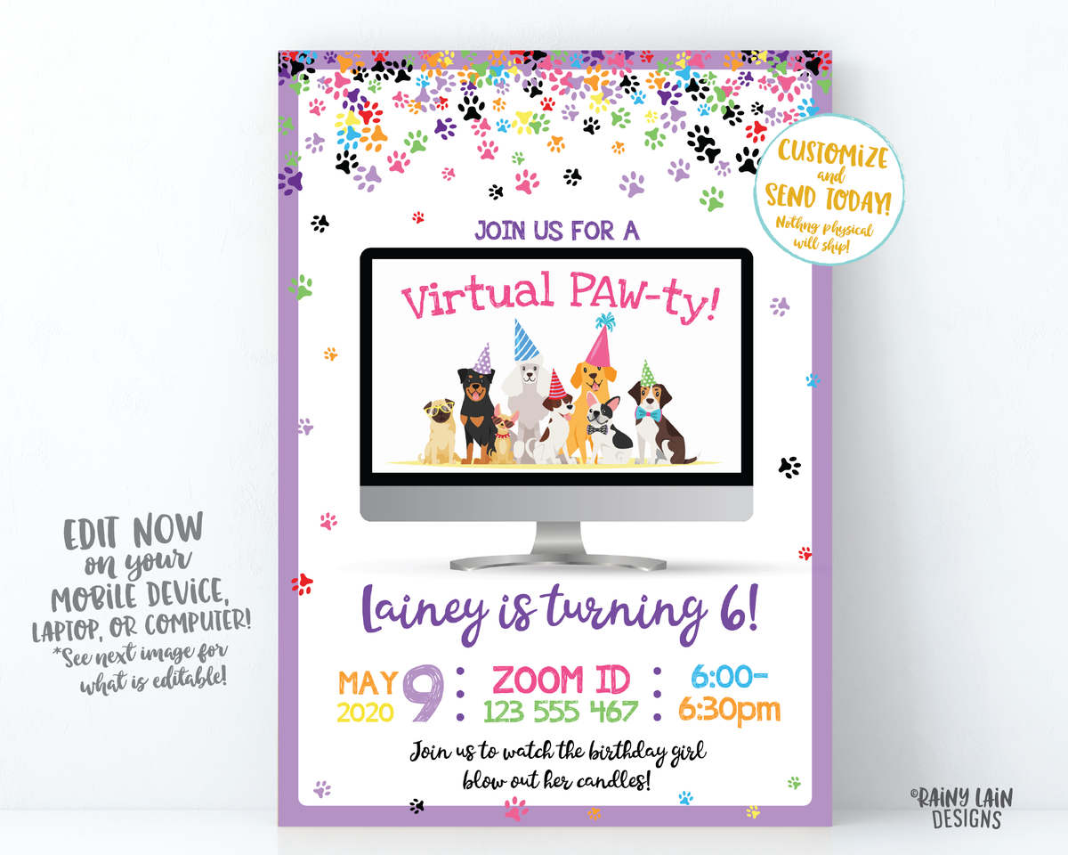 Virtual Birthday Party Invitation Puppy Virtual Party Invitation, Vide ...