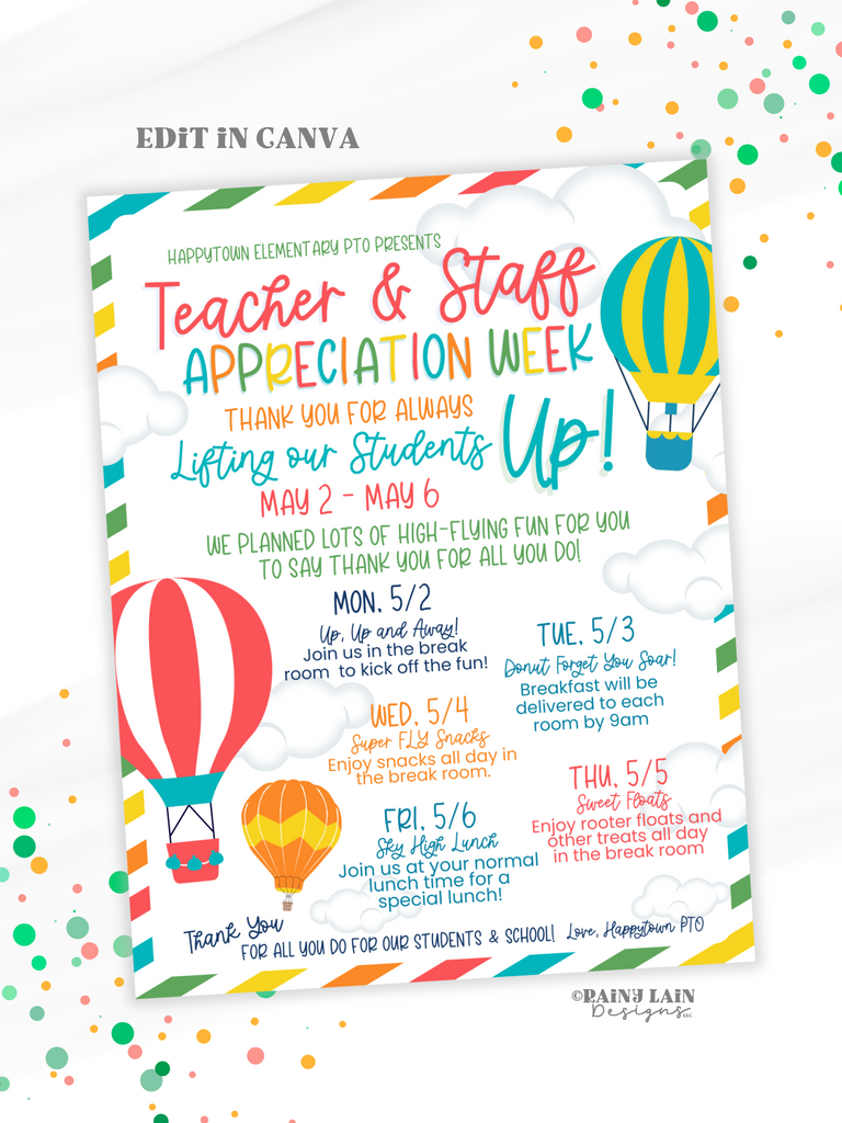 Editable Lift Us Up Teacher Appreciation Week Flyer Template, Hot Air ...