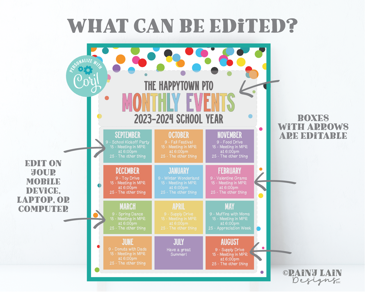 Editable PTO PTA Monthly Events Template Printable School Calendar, Pa ...