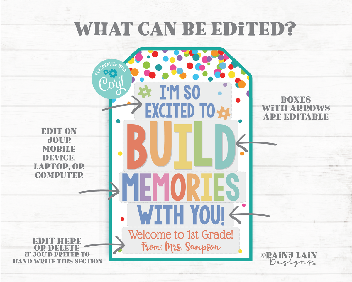 Build Memories Tag, Back to School, First Day Gift, Hashtag, Blocks, P ...