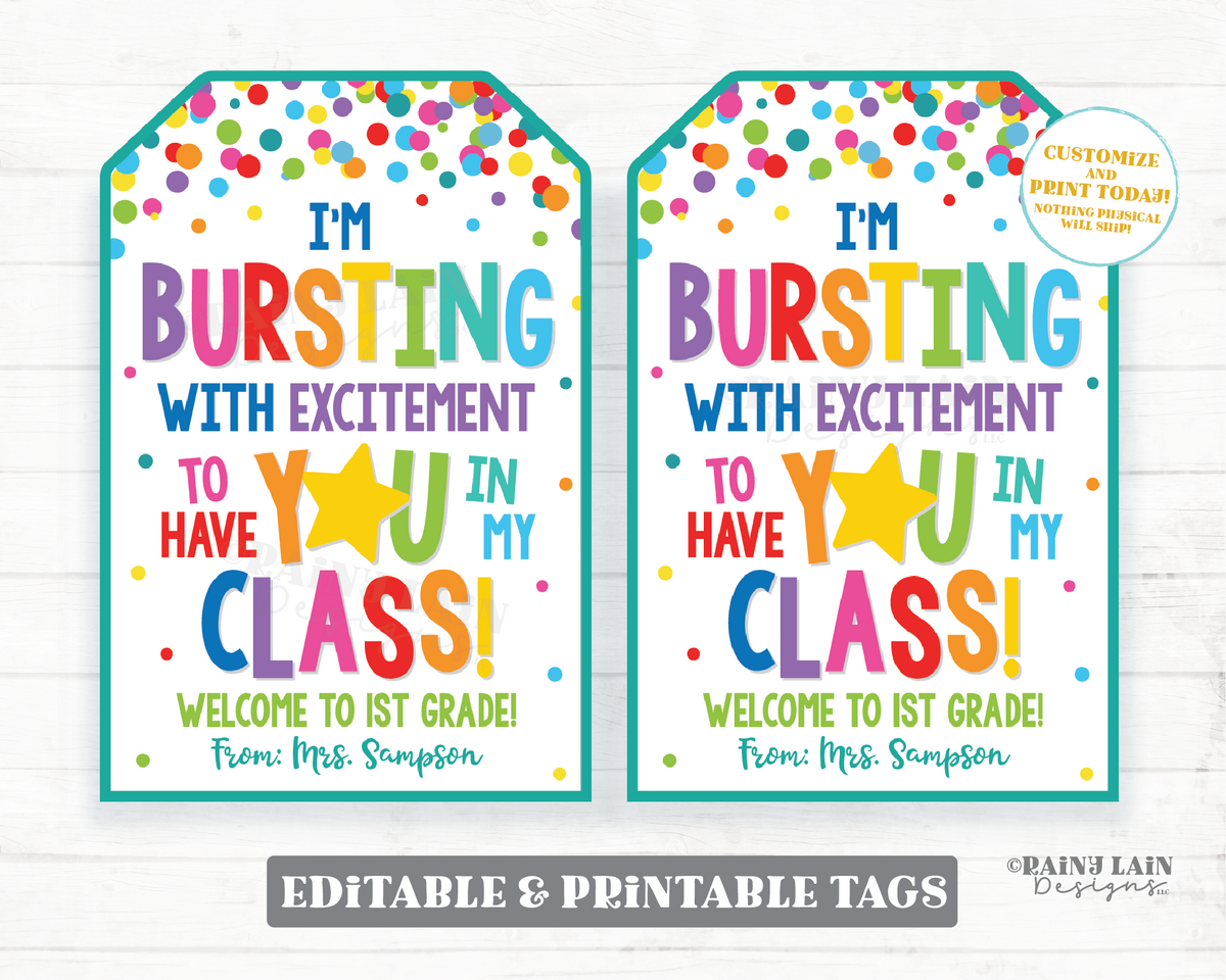Bursting with Excitement to Have You in My Class Tag, First Day of Sch ...