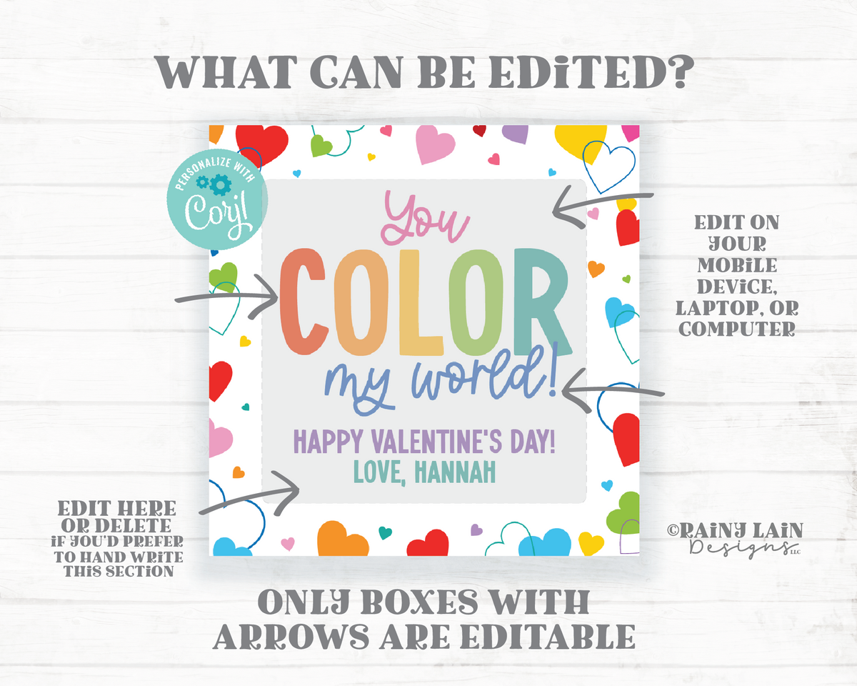 Coloring Book Valentine, You Color my World Gift Tag, Crayons Markers ...