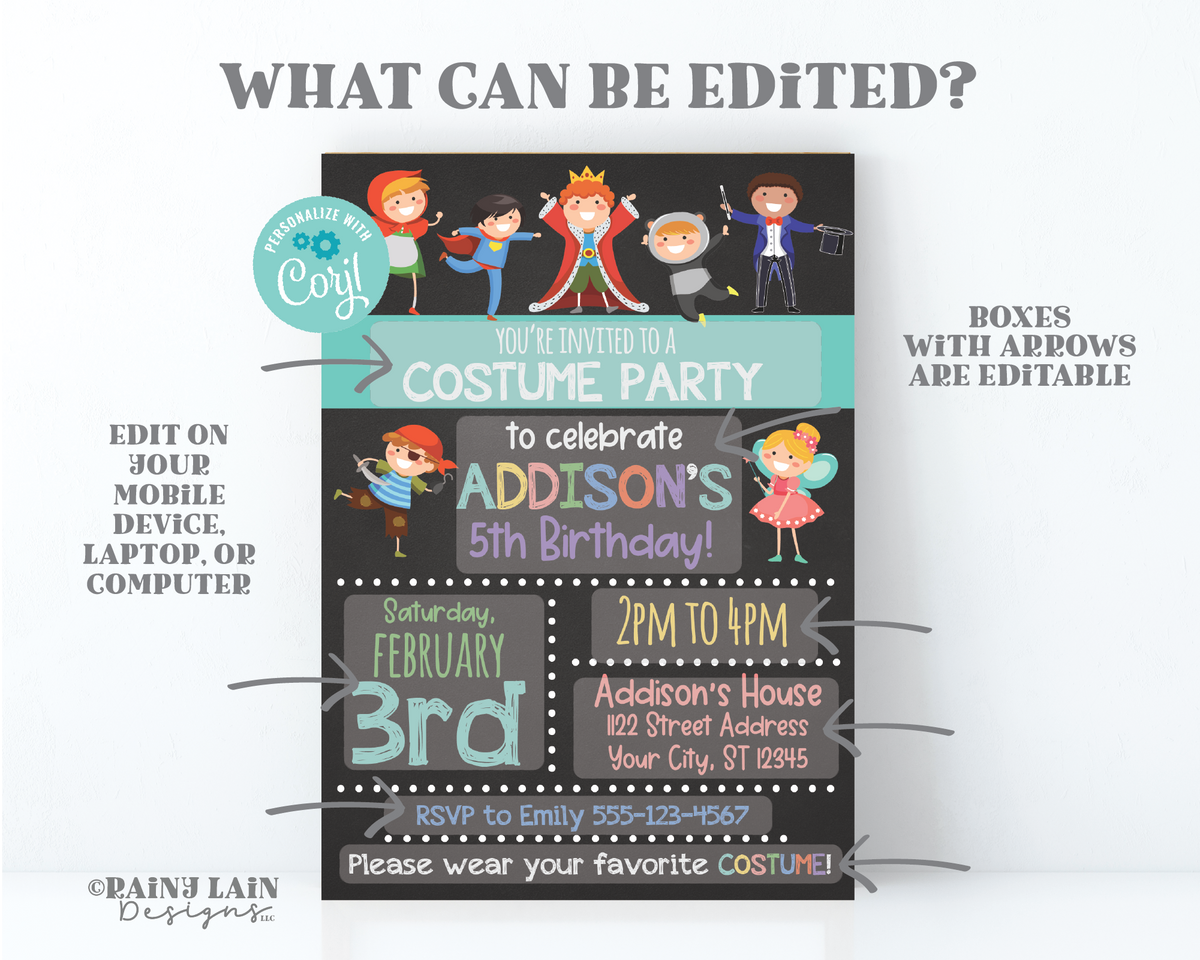 Editable Kids Costume Party Invitation, Dress Up Birthday Party Invite ...