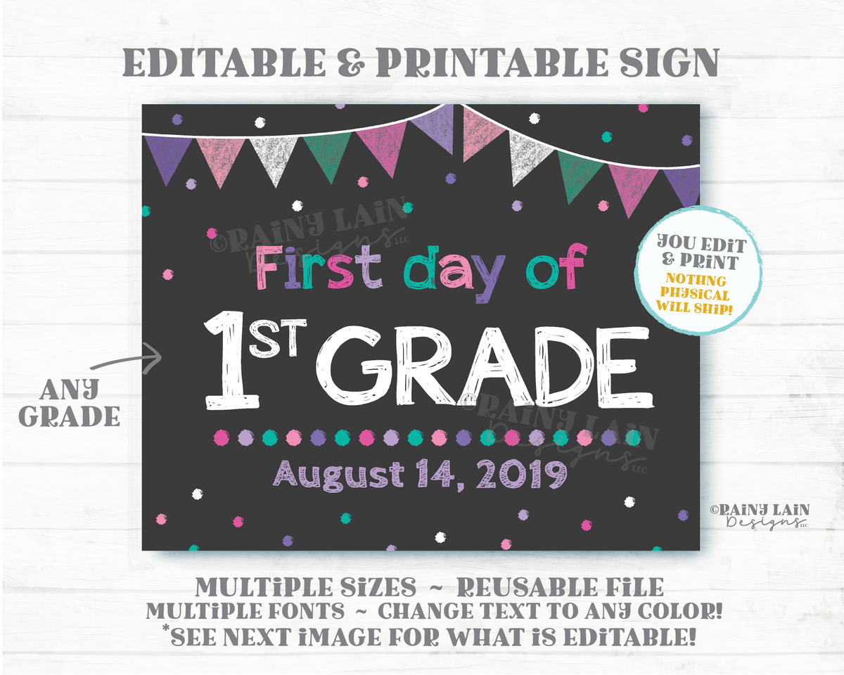 Pink Purple Teal Editable First Day of School Sign Template 1st 2nd 3r ...
