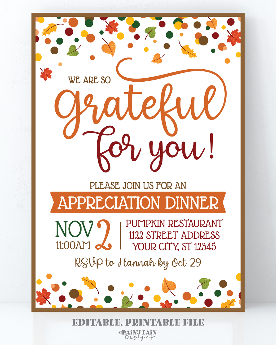 Editable Fall Appreciation Invitation Template, Printable Grateful For ...