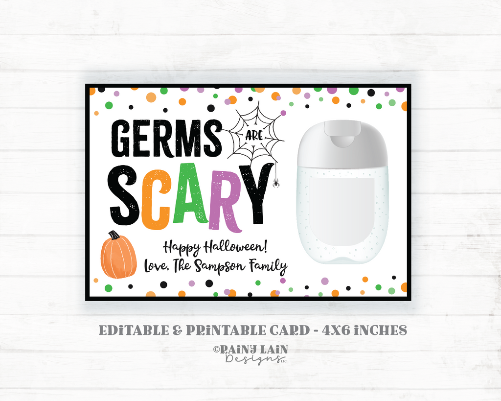 Germs are Scary Hand Sanitizer Card, Printable Halloween Gift Tag, Edi ...