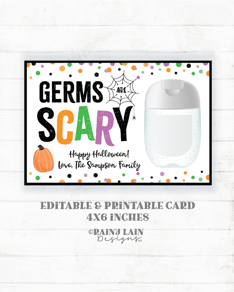 Germs are Scary Hand Sanitizer Card, Printable Halloween Gift Tag, Edi ...
