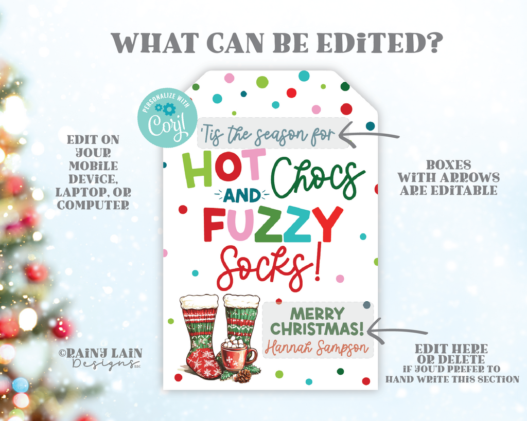 Editable Hot Cocoa and Socks Tag Template, Hot Chocs and Fuzzy Socks C ...