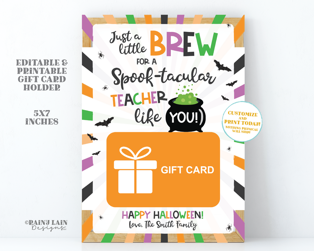 Editable Halloween Gift Card Holder Printable Teacher Coffee, Fall Har ...