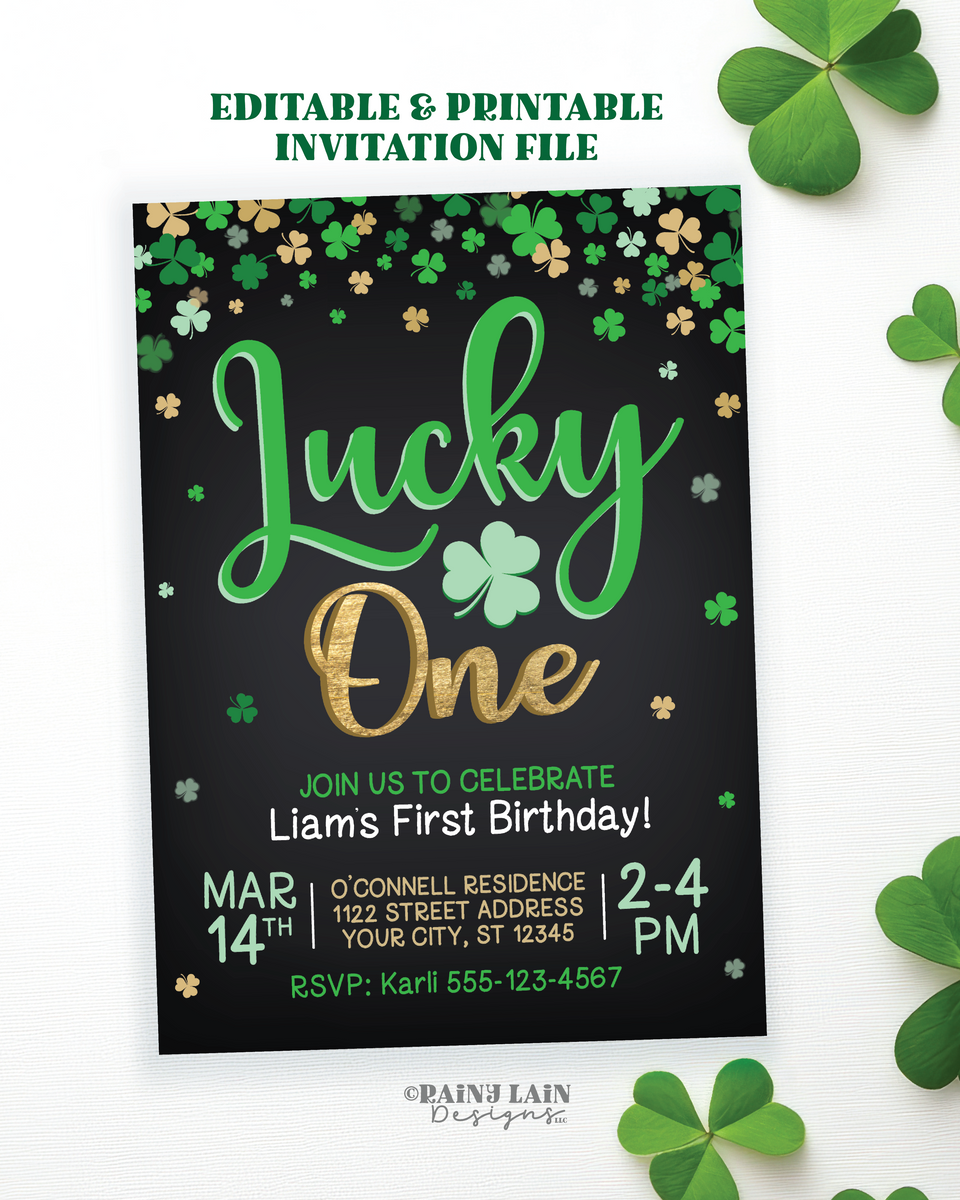 Lucky One Invites, Shamrock 1st Birthday Invite, Printable St. Patrick ...