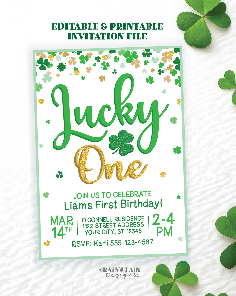 Lucky One First Birthday Invitation, St Patrick's Day Invite, Shamrock ...