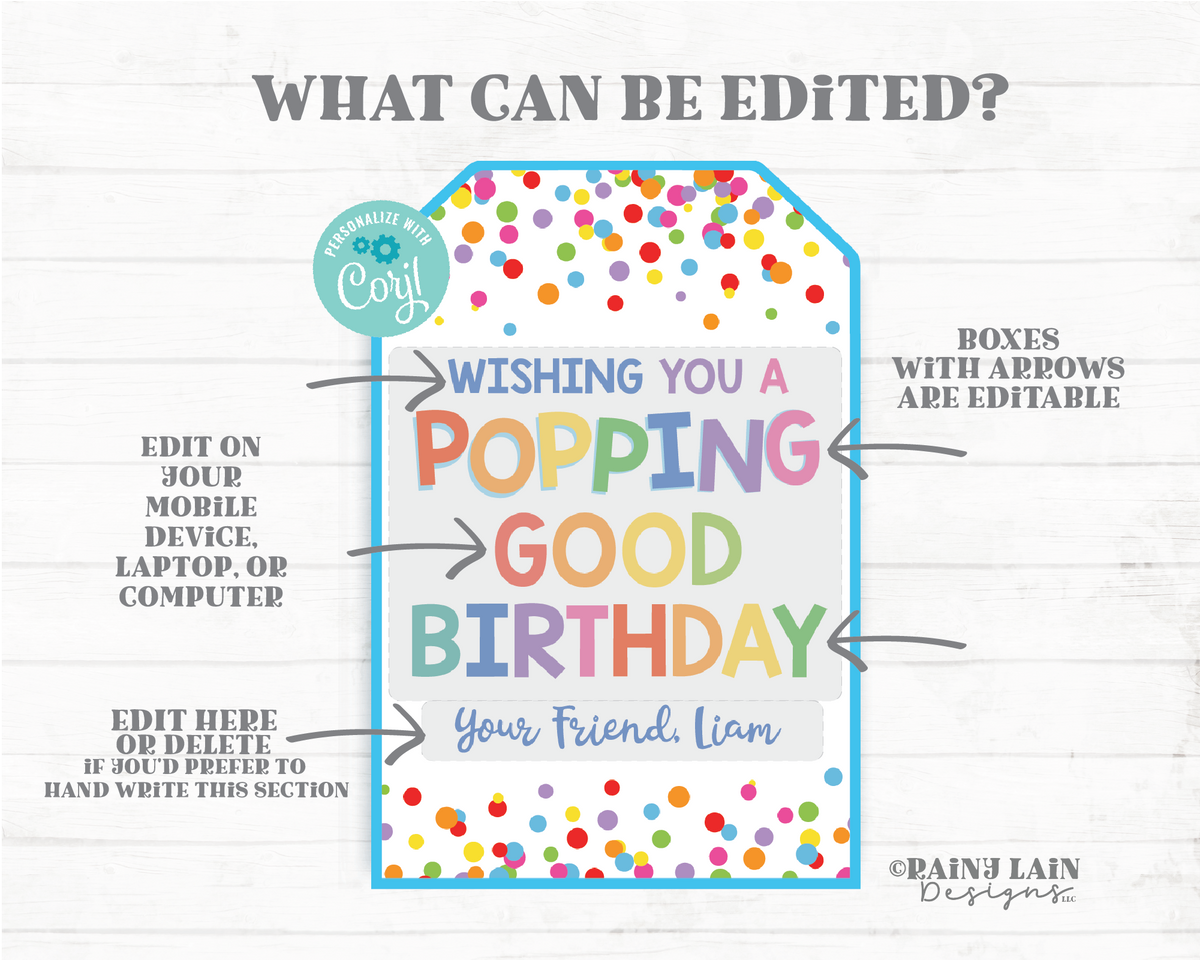 Wishing You A Popping Good Birthday, Editable Gift Tag, Pop Fidget Toy ...