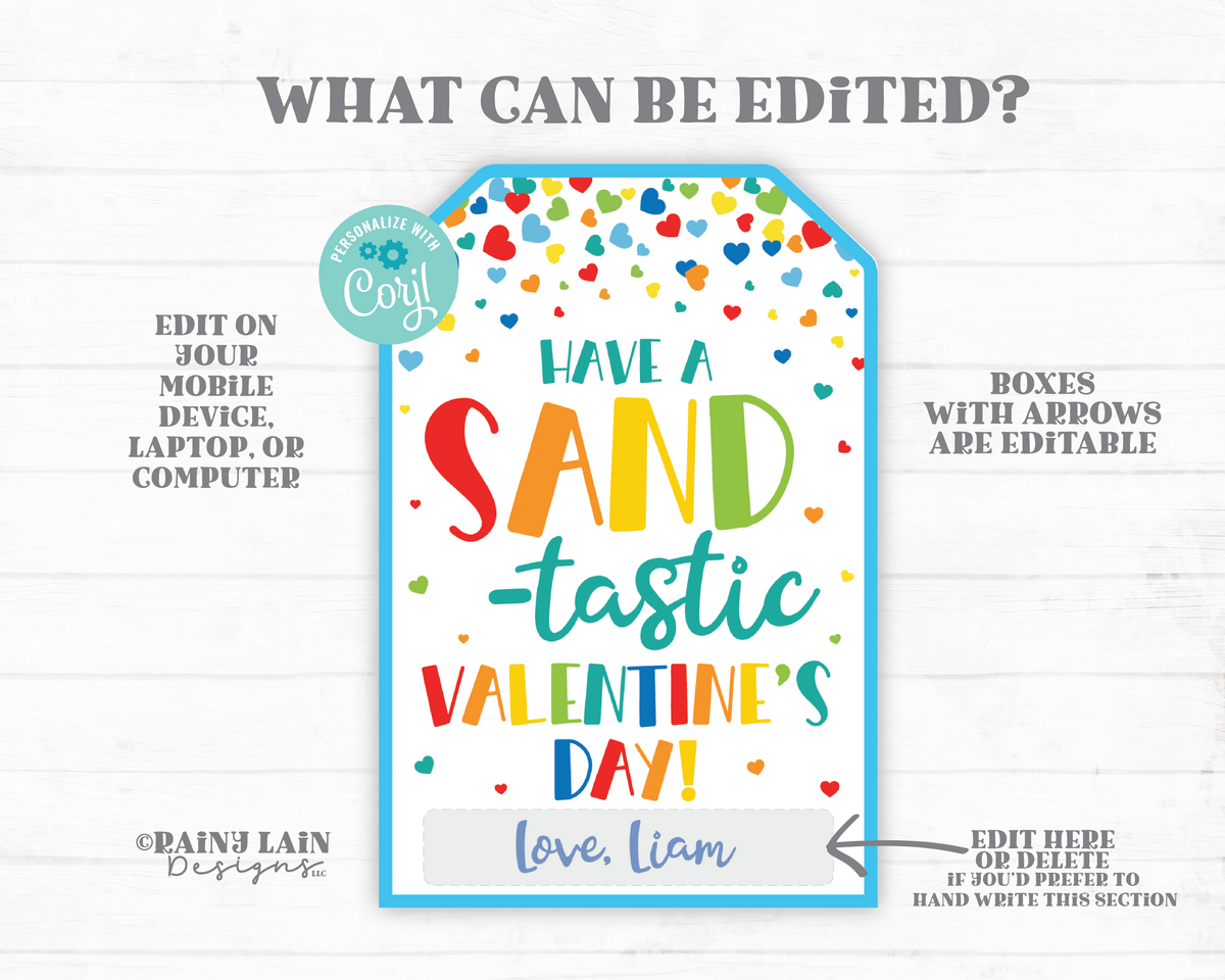 Sand-tastic Valentine Tag, Editable Kids Classroom Printable for Play ...