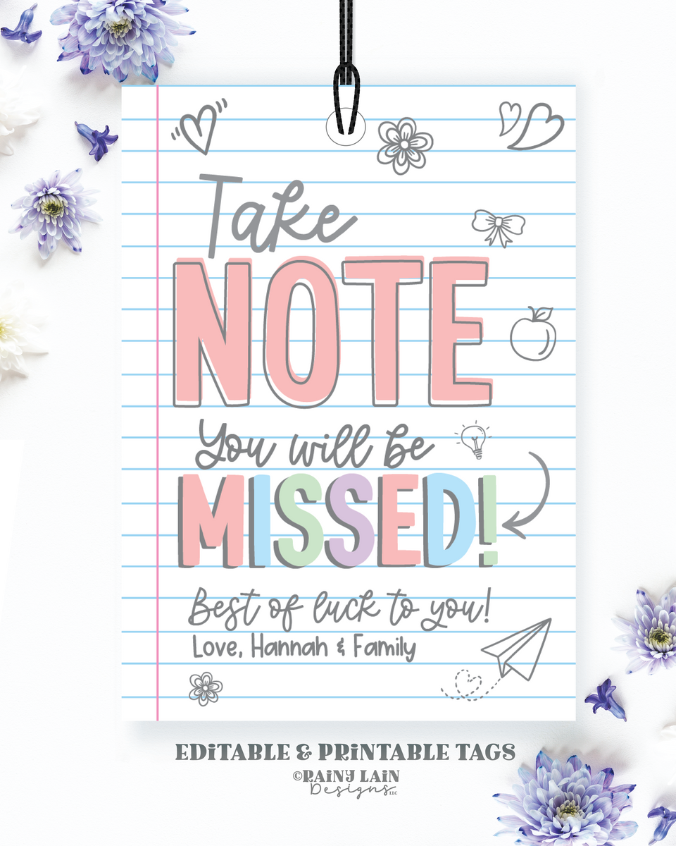Teacher Goodbye Gift Tag, Farewell gift tag, Take Note You Will be Mis ...