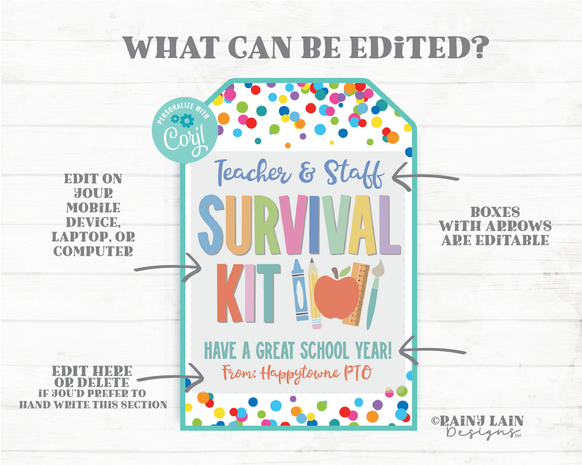 Teacher and Staff Survival Kit Tag Editable Back to School 1st Day Gif ...
