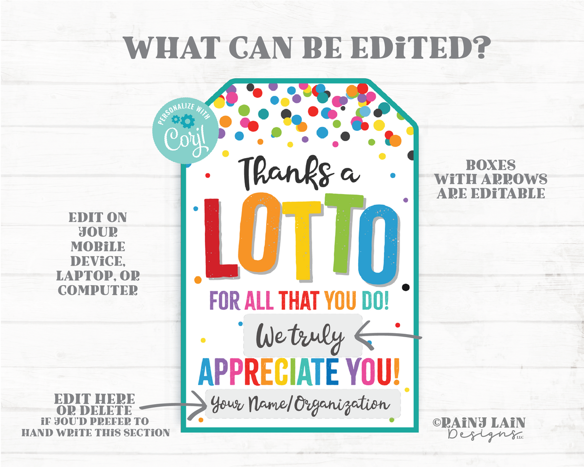 Thanks a Lotto for All you do Tag Lottery Gift Tag Staff Teacher Appre ...