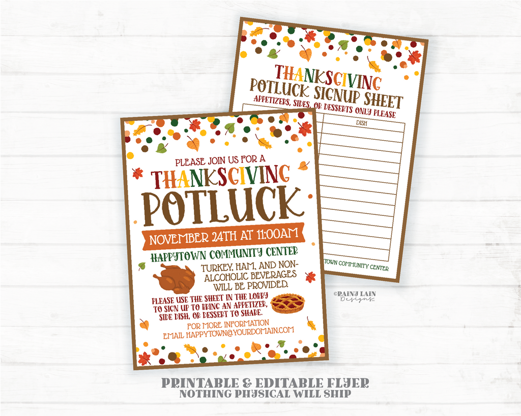 Thanksgiving Potluck Flyer and Signup Sheet Template, Editable Invitat ...