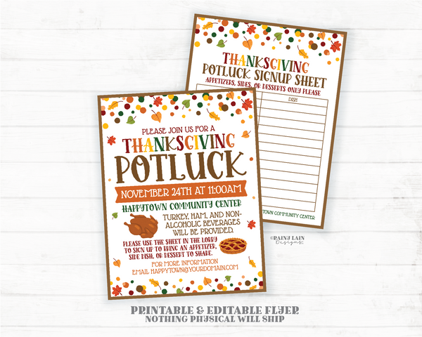 Thanksgiving Potluck Flyer and Signup Sheet Template, Editable Invitat ...