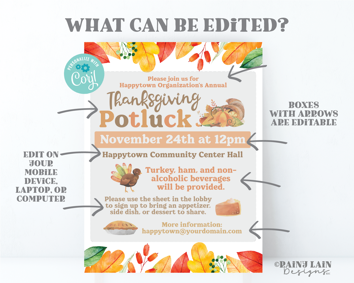 Editable Thanksgiving Potluck Flyer, Signup Sheet Template, Printable ...