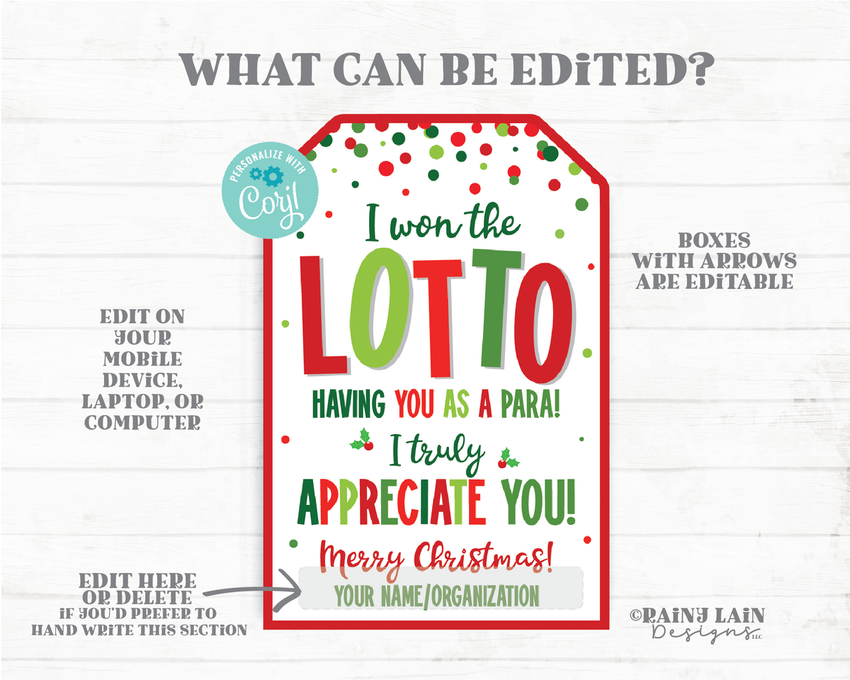 Editable Won the Lotto Tag Appreciate You Christmas Paraeducator Para ...