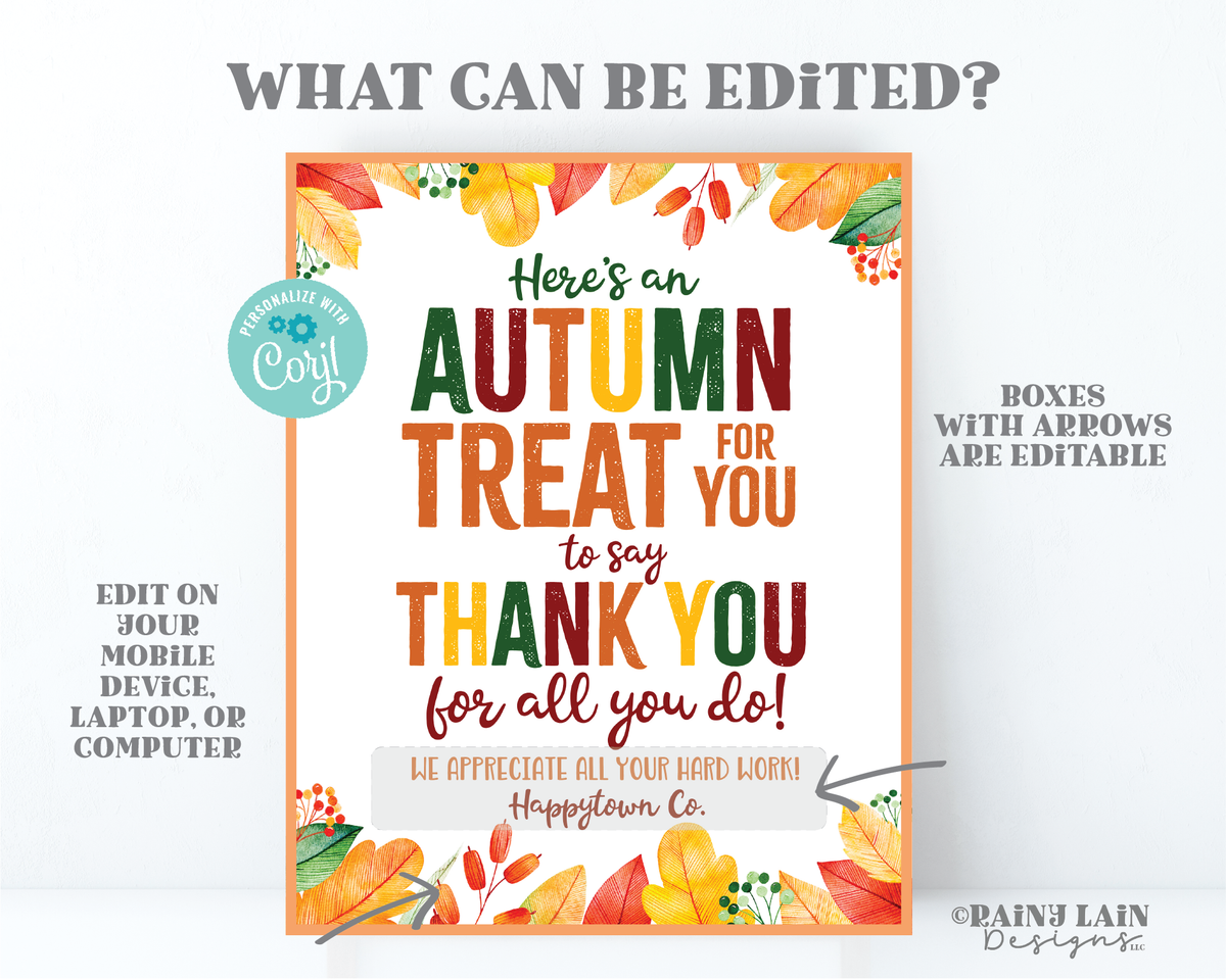Autumn Treat Thank you Sign Fall Appreciation Gift Card Thanksgiving T ...