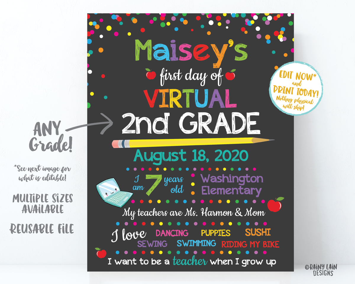 First day of Virtual kindergarten sign, Virtual School Sign Editable 1 ...