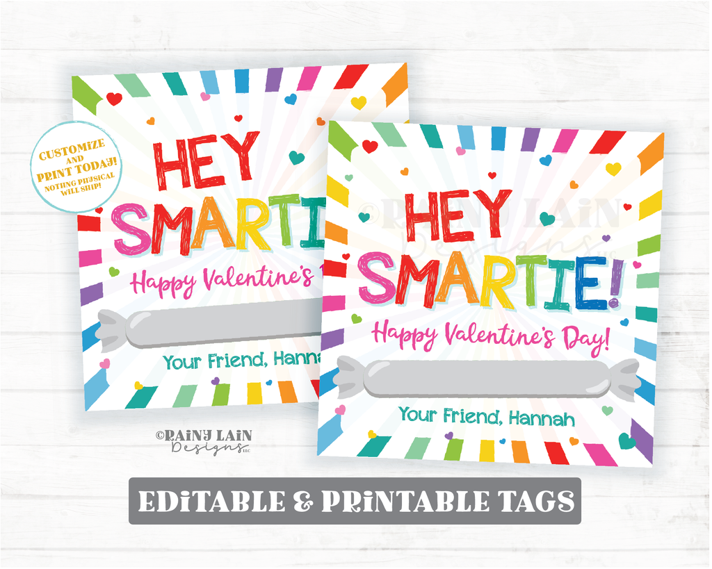 Hey Smartie Happy Valentine's Day Card Smarty Tag Cookie Candy Prescho ...